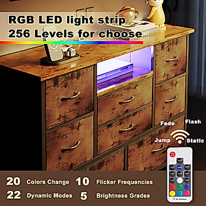 EKNKOZY Dresser TV Stand with 8 Drawers, Dresser TV Stand with LED Lights & Power Outlets, Bedroom Dresser, Chest of Drawers for 55'' Long TV, Wide Fabric Dresser (Rustic Brown)