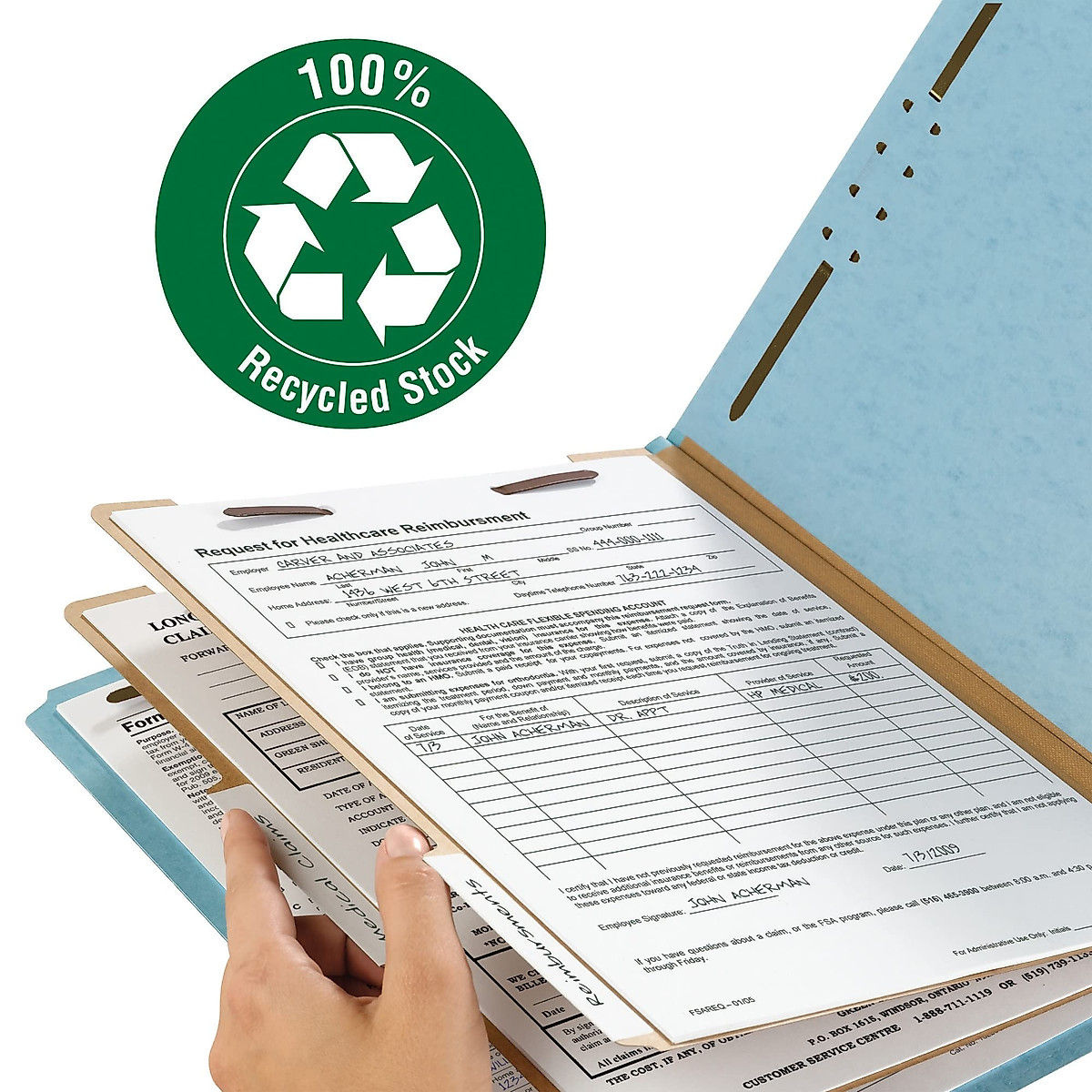 Smead 100% Recycled Pressboard Classification File Folder, 2 Dividers, 2" Expansion, Letter Size, Blue, 10 per Box (14021)