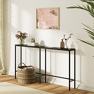 SONGXIN 63" Console Table,Modern Narrow Long Sofa Table Behind Couch,Skinny Entry Table with Black Metal Frame for Living Room, Hallway,Classic Black