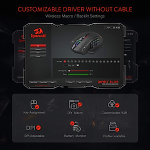 Redragon M913 Impact Elite Wireless Gaming Mouse, 16000 DPI Wired/Wireless RGB Mouse with 16 Programmable Buttons, 45 Hr Battery and Pro Optical Sensor, 12 Side Buttons MMO Mous