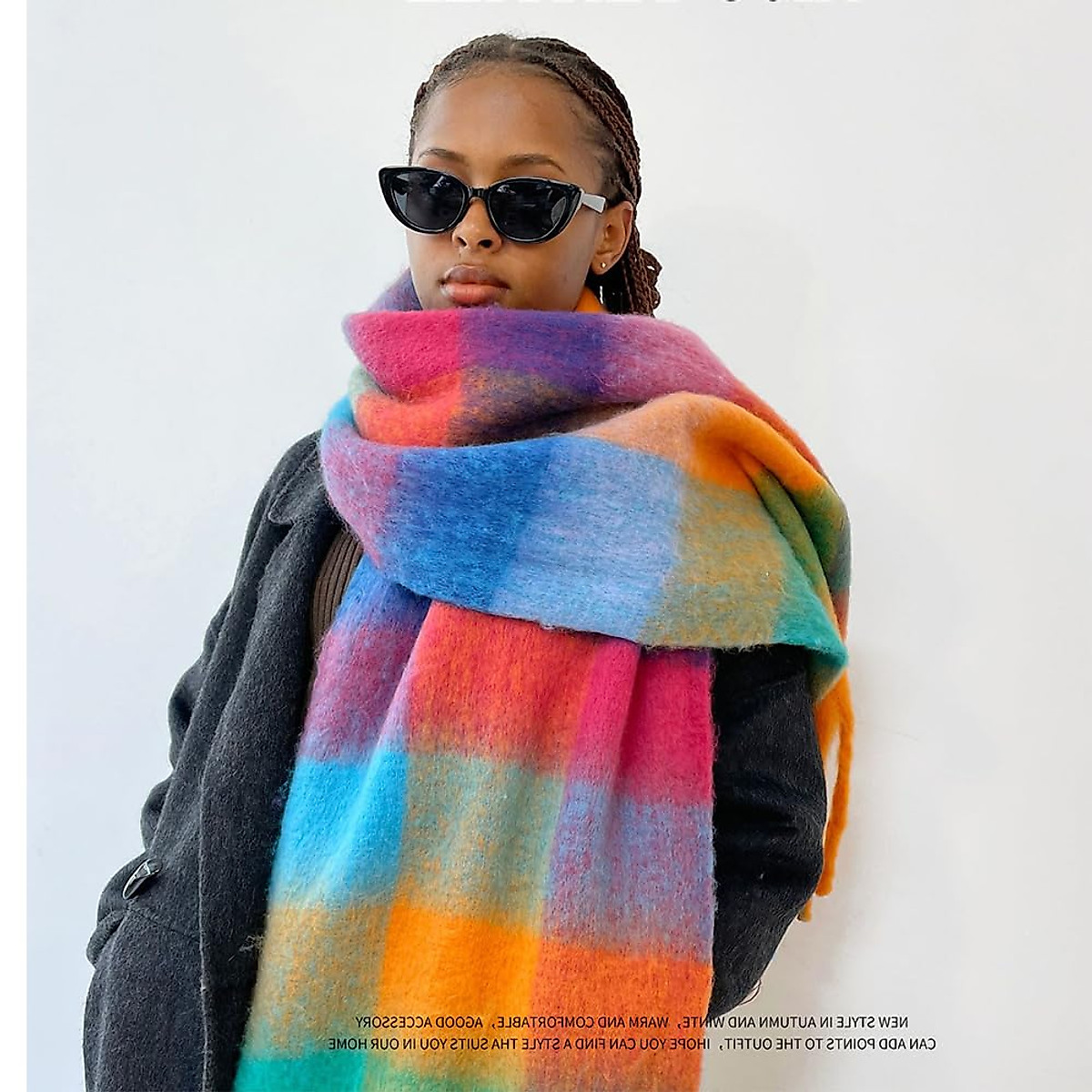 OUNIYA Large Chunky Plaid Scarf Checked Colorful Oversized Scarves Soft Big Cashmere Wool Thick Winter Warm Blanket Women (rainbow)