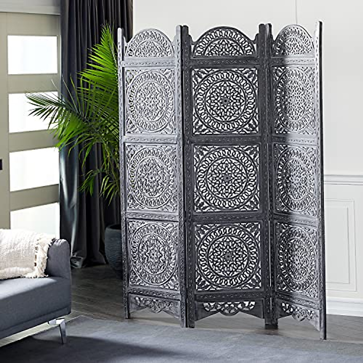 Deco 79 Wood Floral Handmade Hinged Foldable Partition 3 Panel Room Divider Screen with Intricately Carved Designs, 60" x 1" x 72", Black