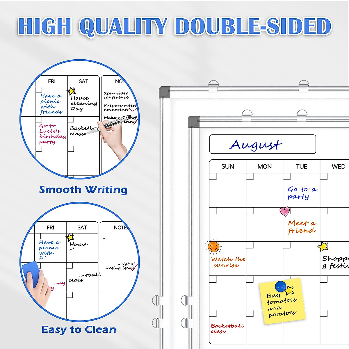 Monthly Calendar Dry Erase Whiteboard for Wall, 24" x 18" Magnetic Calendar White Board, Double-Sided Portable Board for Office, Kitchen, School, Home