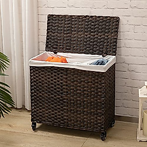 ALIMORDEN Wicker Laundry Hamper with Lid and Wheels 110L Clothes Laundry Basket with Removable Liner Bags Large Hampers for Laundry Organizer 3 Sections for Bedroom Closet Laundry Room Bathroom Brown