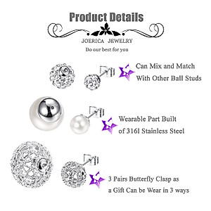 JOERICA 3 Pairs Vintage Hollow Out Womens Double Side Round Ball Stud Earrings Silver-tone