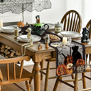 Artoid Mode Boo Black Cat Pumpkins Halloween Table Runner, Trick Or Treat Kitchen Dining Table Decoration for Home Party Decor 13 x 72 Inch