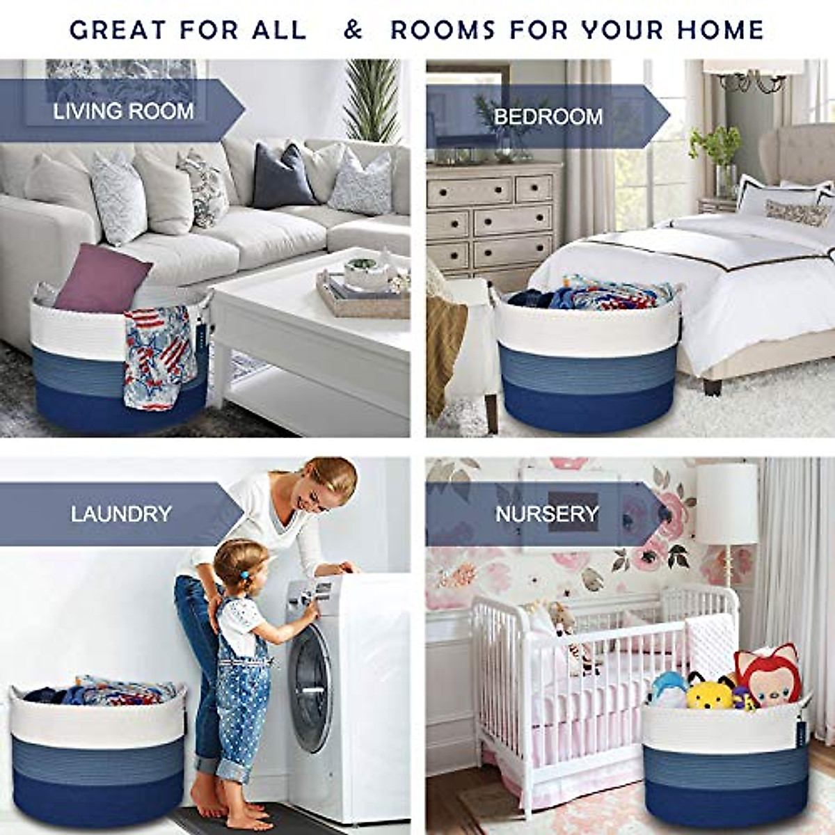 COMSE Extra Large Blanket Basket, Storage Basket, Laundry Basket, 21.7”x 13.8”, Laundry Hamper, Cotton Rope Basket, Blanket Basket Living Room, Toy Basket (White & Cadet Blue & Navy Blue)