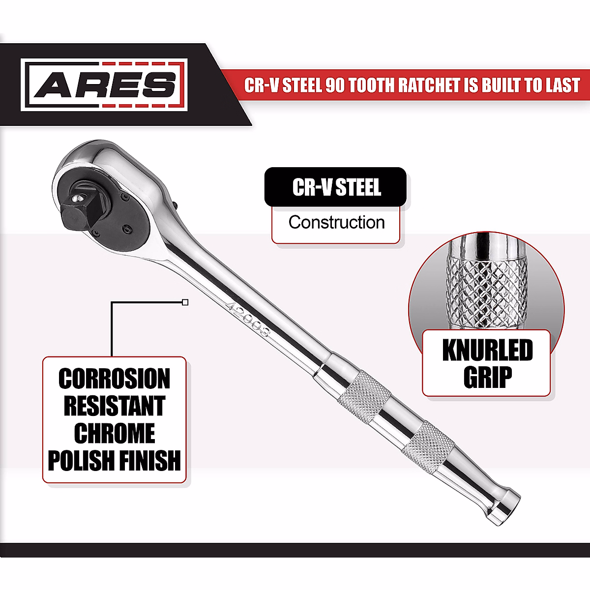 ARES 42083-90-Tooth Ratchet Set - Ergonomic Aluminum Handles & Reversible Sealed Head Design