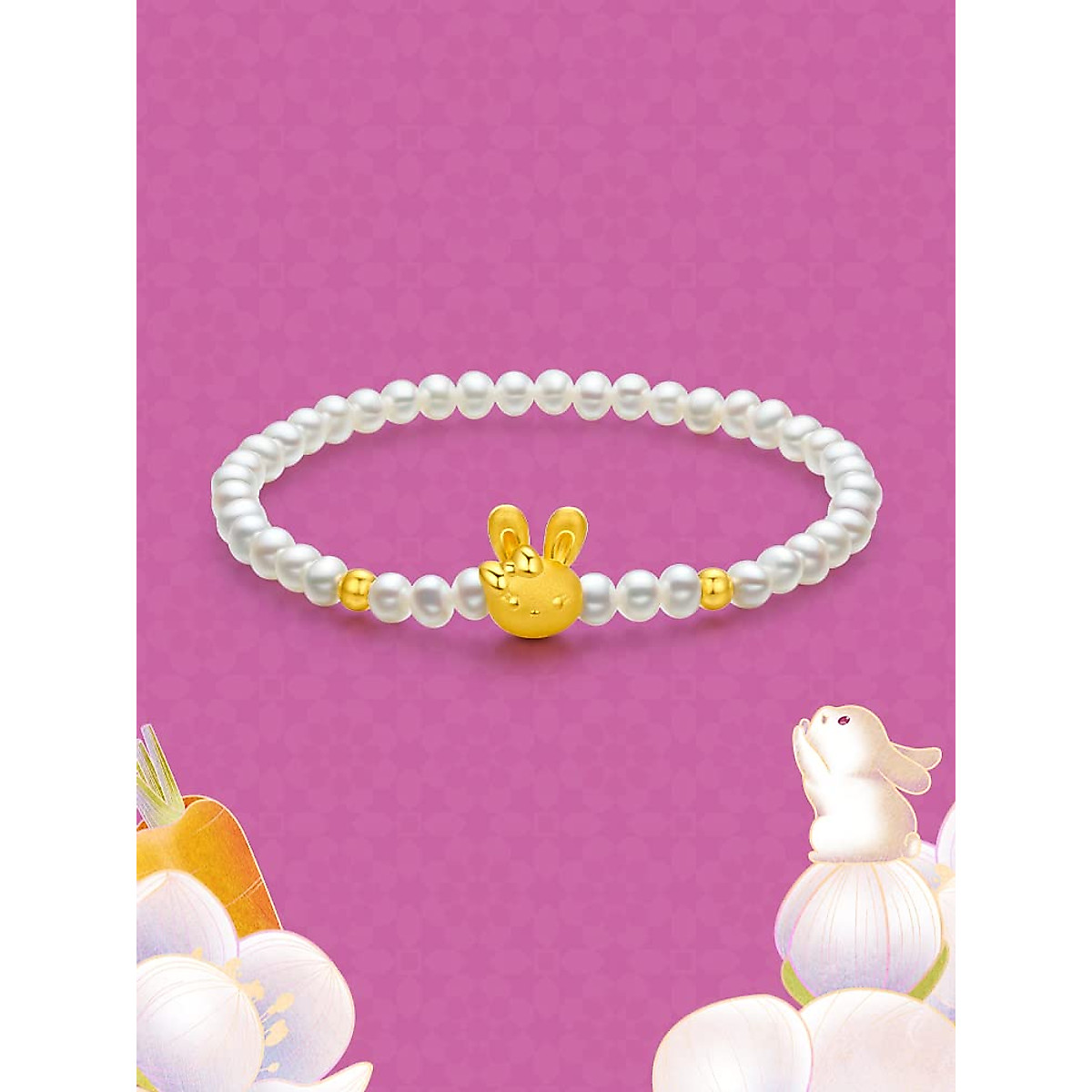 ZHOU LIU FU 24K Solid Gold Bracelets for Women, Stretchable Real Gold Rabbit Freshwater Pearl Bangle Charm Bracelets, Pure Gold White Pearls Bunny Bracelet