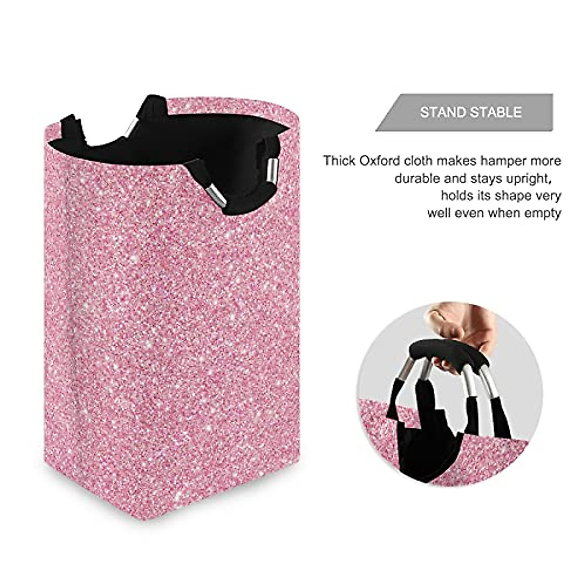 xigua Pink Glitter Texture Laundry Basket Large Laundry Hamper Foldable Dirty Clothes Toys Organizer Bag with Handles for Bathroom,Bedroom,College Dorm,Kids Room