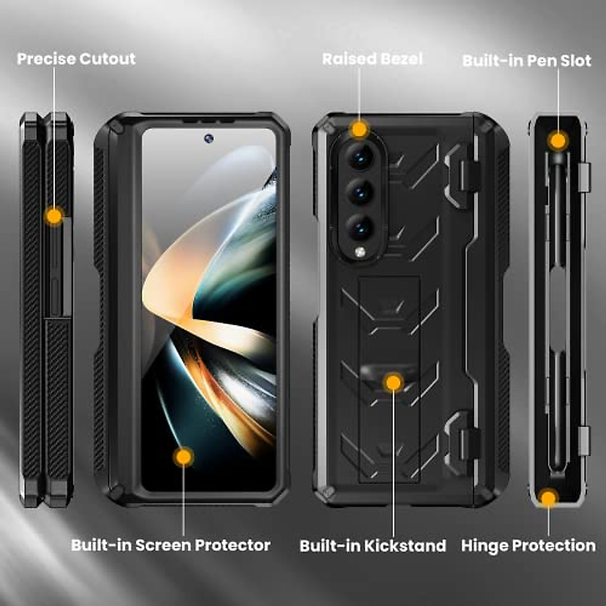 Maxdara Galaxy Z Fold 4 Case - S Pen Holder, Kickstand, Hinge Protection & Built-in Screen Protector (Black)