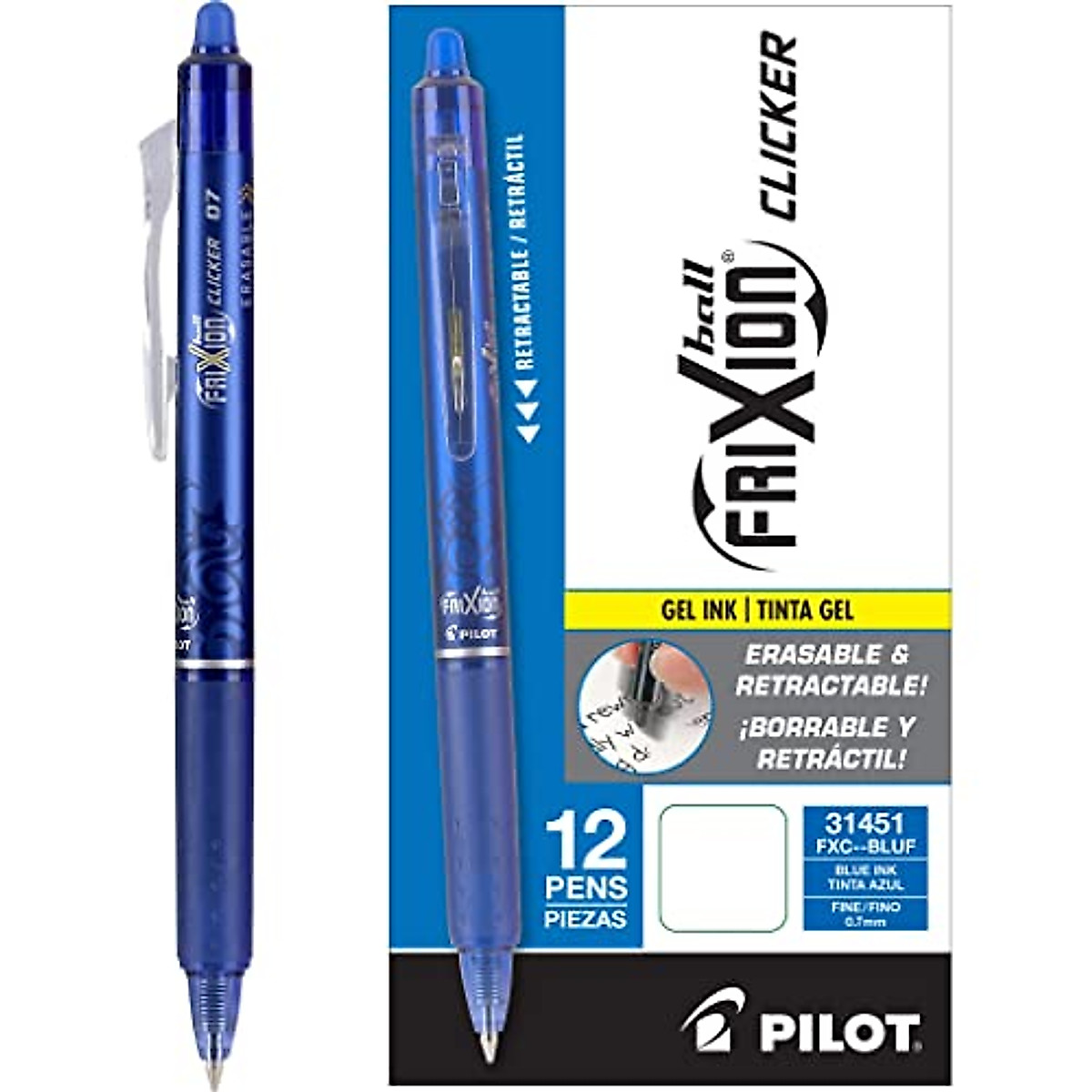 PILOT Pen 31451 FriXion Clicker Erasable, Refillable & Retractable Gel Ink Pens, Fine Point, Blue Ink, 12-Pack