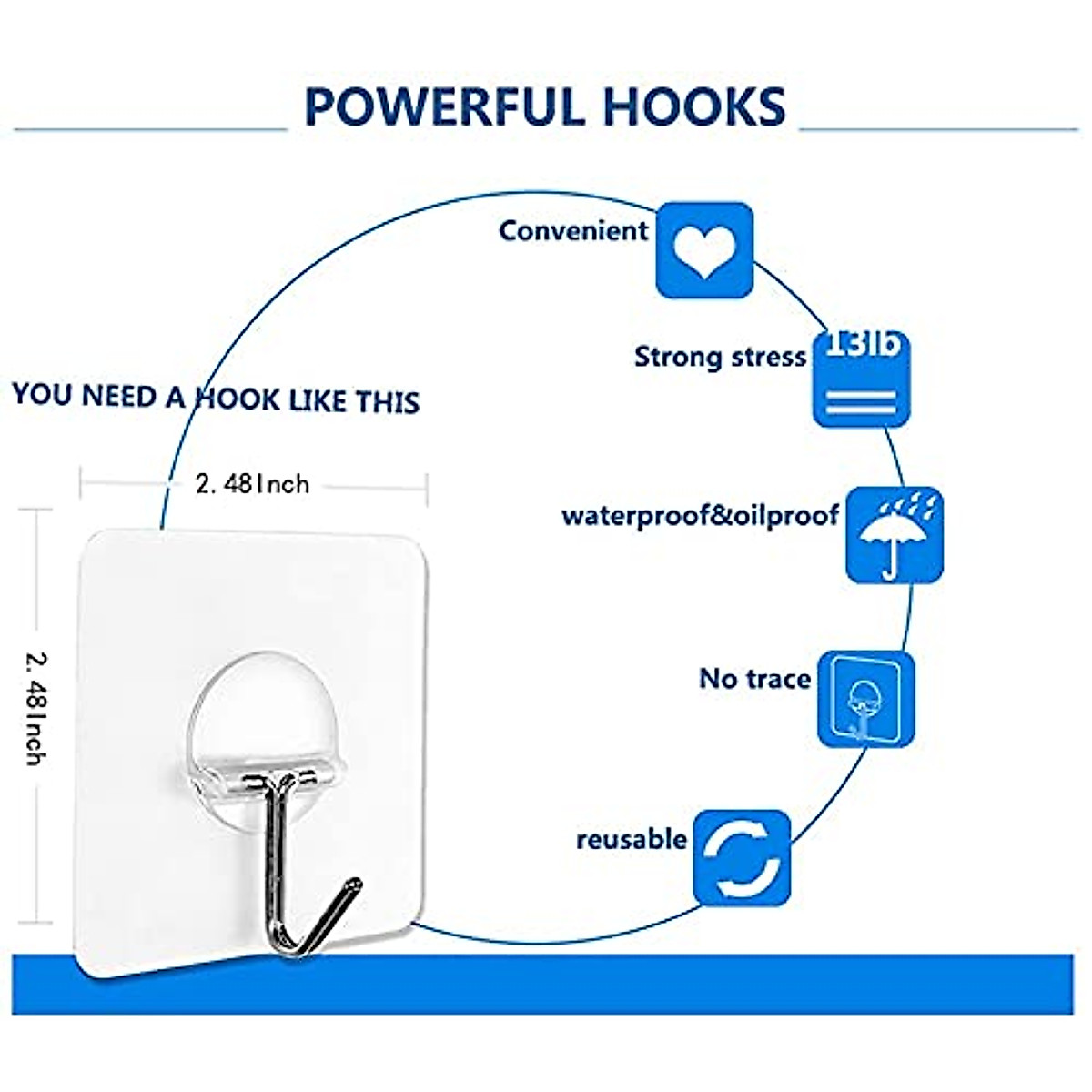 Wall Hooks 13lb(Max) Transparent Reusable Seamless Hooks,Waterproof and Oilproof,Bathroom Kitchen Heavy Duty Self Adhesive Hooks,16 Pack