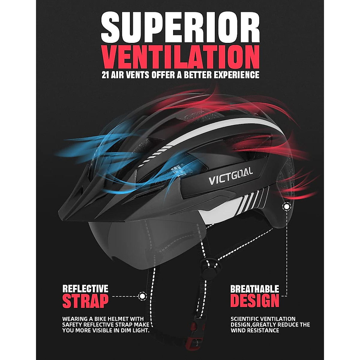 VICTGOAL Bike Helmet with USB Rechargeable Rear Light Detachable Magnetic Goggles Removable Sun Visor Mountain & Road Bicycle Helmets for Men Women Adult Cycling Helmets (L: 57-61 cm, Black White)