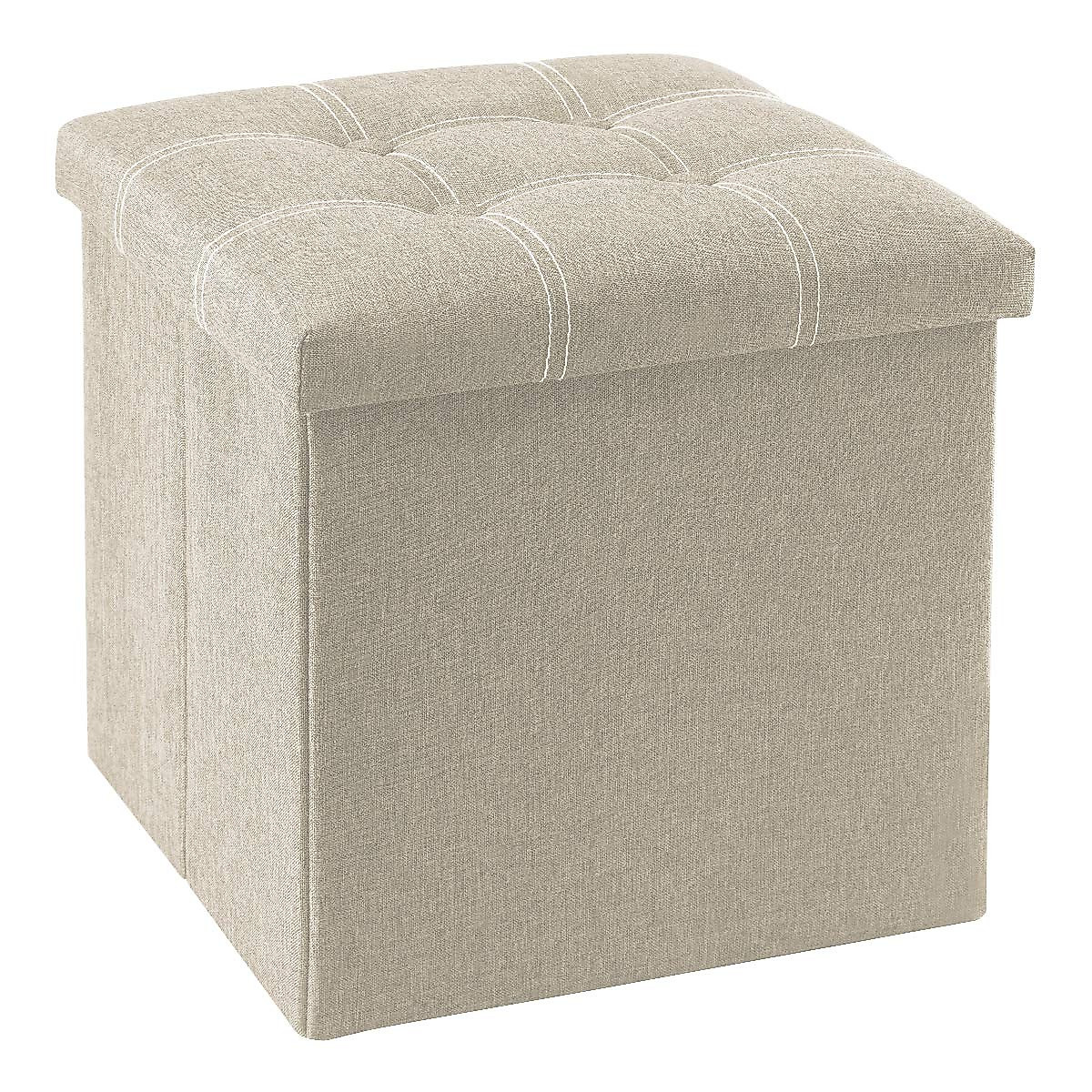 YOUDENOVA 15 inches Storage Ottoman Cube, Foldable Storage Boxes Footrest Step Stool, Padded Seat for Dorm Living Room, Support 300lbs, Line Fabric Beige