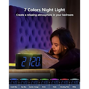 Digital Alarm Clock for Bedroom - 7 Color Night Light,2 USB Chargers,7.5" Large Number Screen & Slider Dimmer,12/24 H,Battery Backup,Easy Loud Electric Alarm Clock for Heavy Sleeper,Boy&Girl Kid Teen