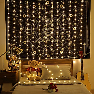 195 LED Curtain Tapestry Backdrop String Lights, 8 Strings 6.6x4.9Ft Tapestry Fairy String Light with Remote, 8 Modes Window Wall Hanging Light Strings for Bedroom Indoor Outdoor Graduation Decor