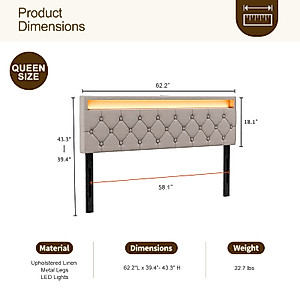 IKIFLY Upholstered Queen Size Headboard with LED Lights & 2 USB Ports - Adjustable Height - Button Tufted Linen Fabric Padded Headboard, Easy Assembly, Queen Headboard Only for Bedroom - Light Brown