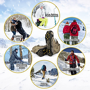 Ice Cleats Snow Traction Cleats for Shoes and Boots Lightweight Yellow Stainless Steel Non-Slip 10 Spikes for Men and Women, Crampon for Walking on Ice and Snow Mountaineering Ice Fishing (1 pair)