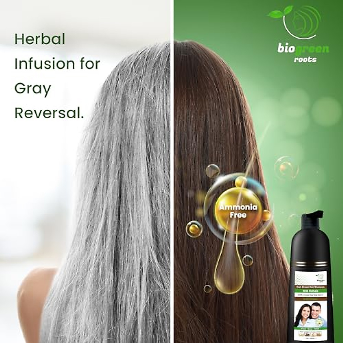 BIOGREEN ROOTS Ammonia-Free Herbal Hair Shampoo - Effectively Covers Gray Hair for Men and Women - Natural Color and Herbal Nourishment - No Stain on Skin - Dark Brown (200 ml)