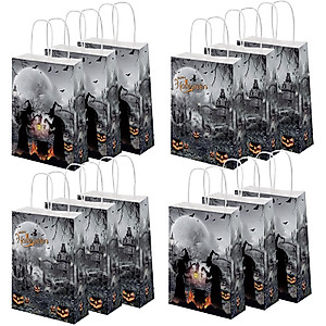 MEHOFOND Happy Halloween Treat Bags, Halloween Paper Bags with Handle Trick or Treat Bags with Pumpkin Spooky Witch Bats Cemetery Party Favor for Halloween Party Decorations 24Pcs