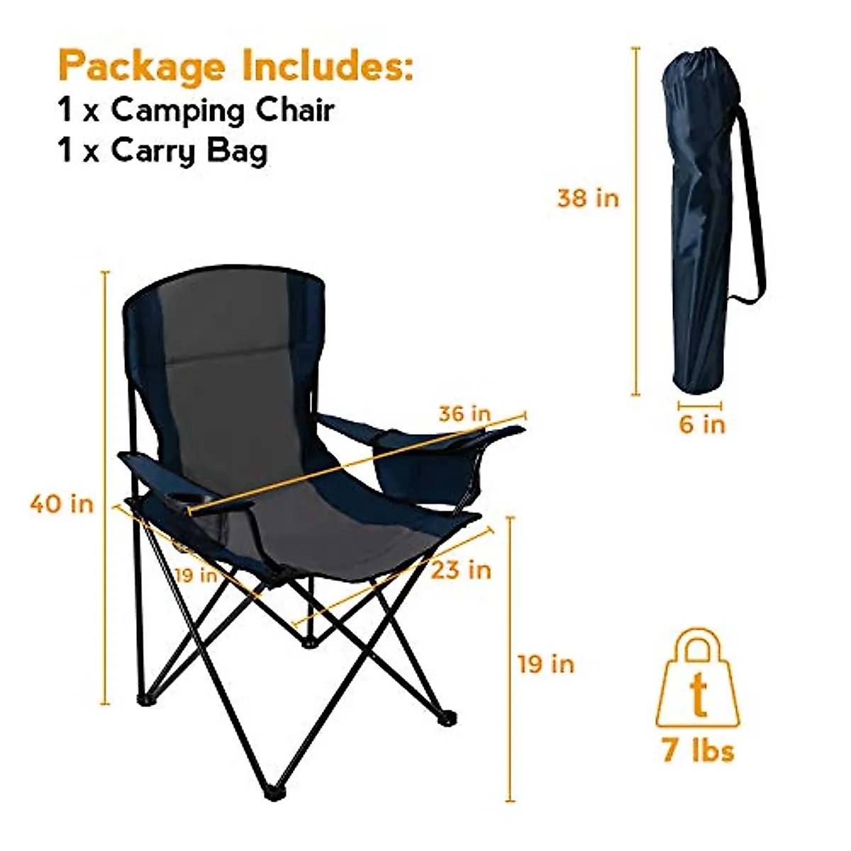 Pacific Pass Quad Camp Chair w/ Built-In Cooler and Cup Holder, Includes Carry Bag - Navy/Gray