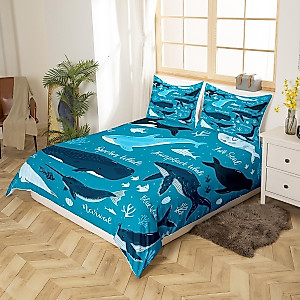 Erosebridal Whale Duvet Cover Twin for Kids Boys Girls,Coastal Sea Animal Fish Dolphin Seal Sea Lion Bedding Set,Beach Ocean Creatures Under The Sea Bed Set,Tropical Nautical Sea Marine Life Bed Sets