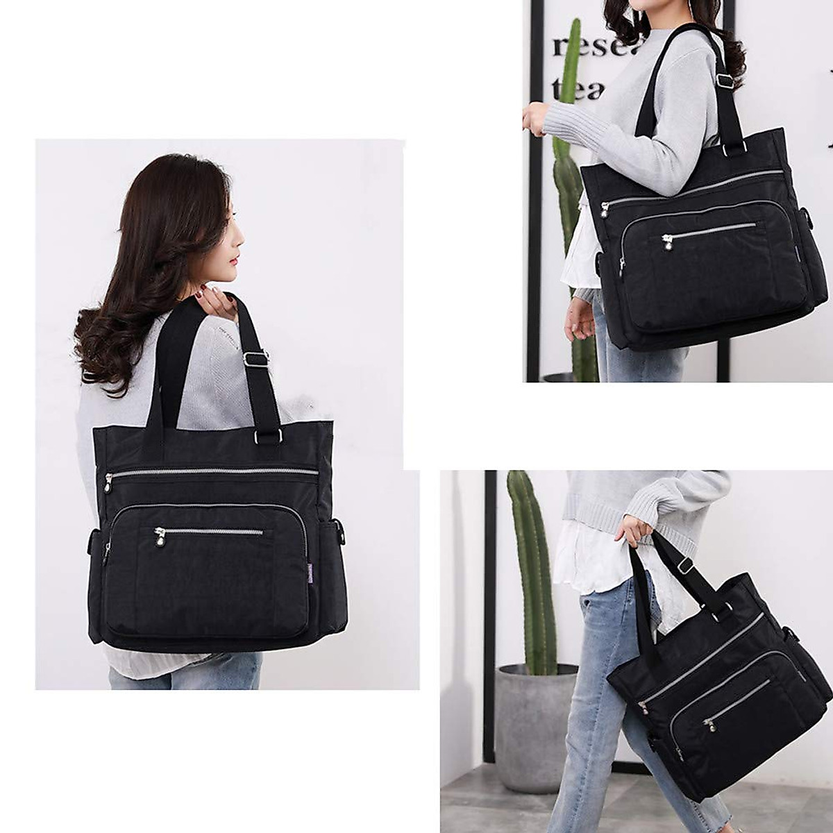 Multi Pocket Nylon Totes Handbag Large Shoulder Bag Travel Purse Bags For Women (X-Black)