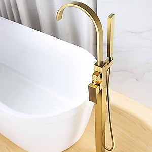 Sevenfalls 8018 Floor Mount Freestanding Bathtub Faucet Single Handle Tub Filler with Handheld Shower, Brushed Gold