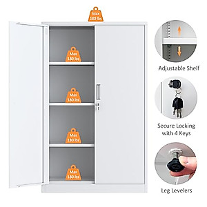 JINKUR Metal Storage Cabinet with Locking Doors and 3 Adjustable Shelves, 53.5-Inch Lockable Storage Cabinets for Home Office Garage Kitchen Pantry (White)