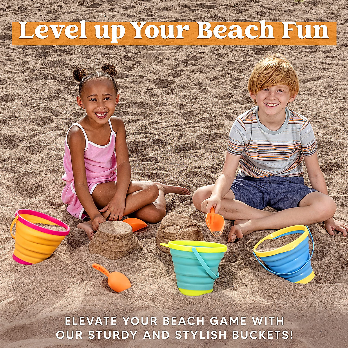 JOYIN 3 Packs Foldable Pail Bucket with Shovels & Mesh Bag, Collapsible Buckets Multi Purpose for Beach, Camping Gear, Beach Party, Fishing, and Fun Summer Activities (Yellow/Blue/Green)