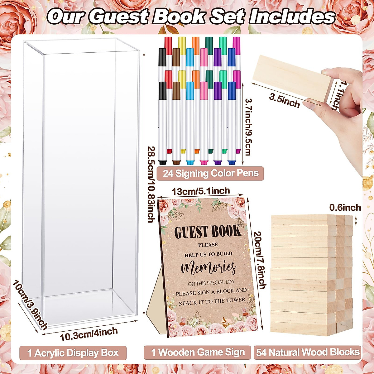 Beeveer 80 Pcs Wedding Guest Book Alternative Wooden Block Guest Book for Wedding Sign in Wedding Book Wooden Block Wedding Games Bridal Shower Game for Wedding Sign in, Reception (Flower)