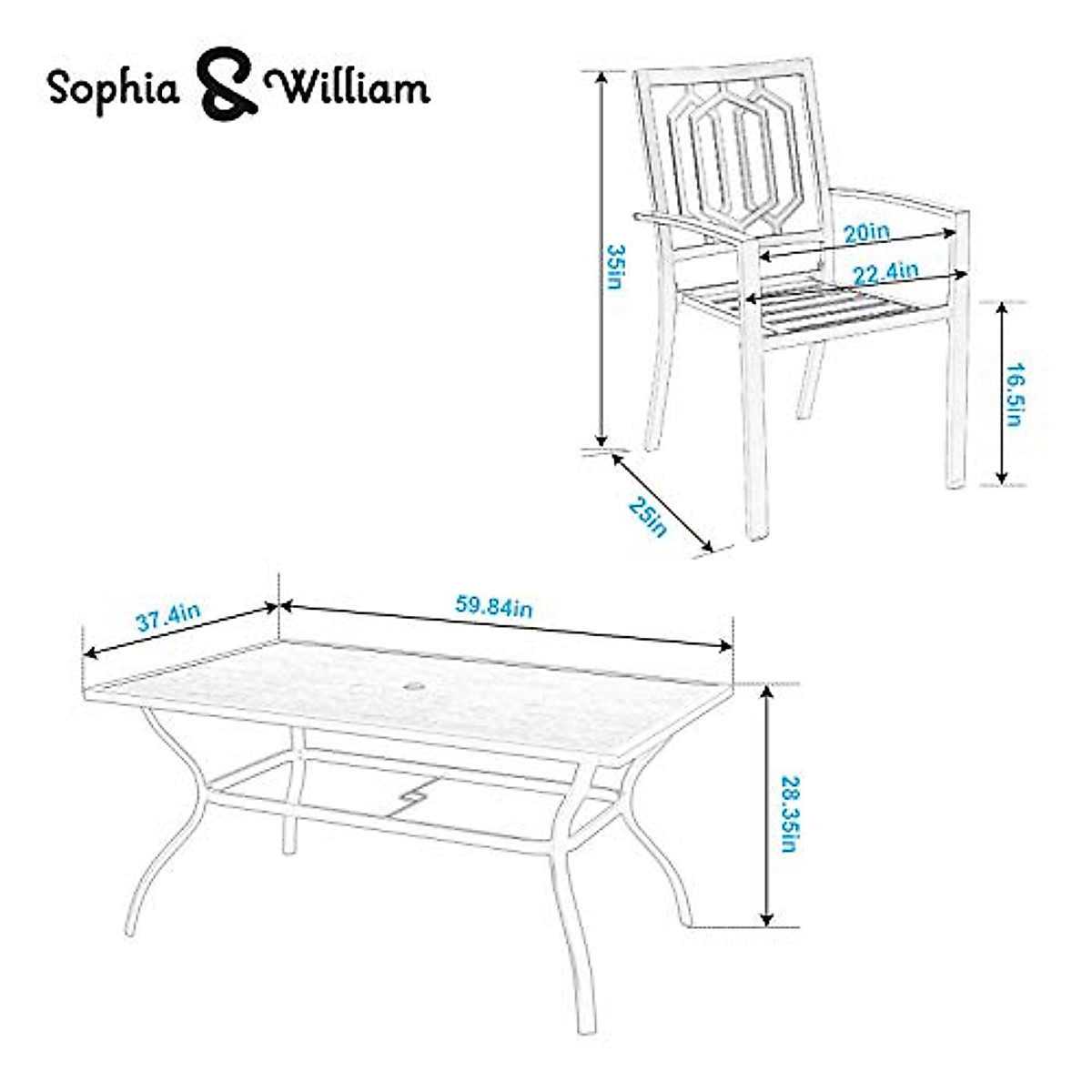 Sophia & William Patio Dining Set 7 Pieces Metal Outdoor Furniture Set, 6 x Metal Stackable Garden Chairs, 1 Patio Rectangle Umbrella Table Wood Like for Backyard Pool