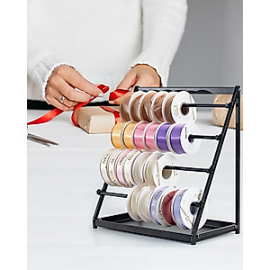 ZOMICE Ribbon Holder Organizer Rack with Storage Tray, 4 Tier Ribbon Spool Holder Stand,Metal Sewing Organizer Display Shelf for Craft Room,Cake Shop,Flower Store(On the Table & Wall Mounted)