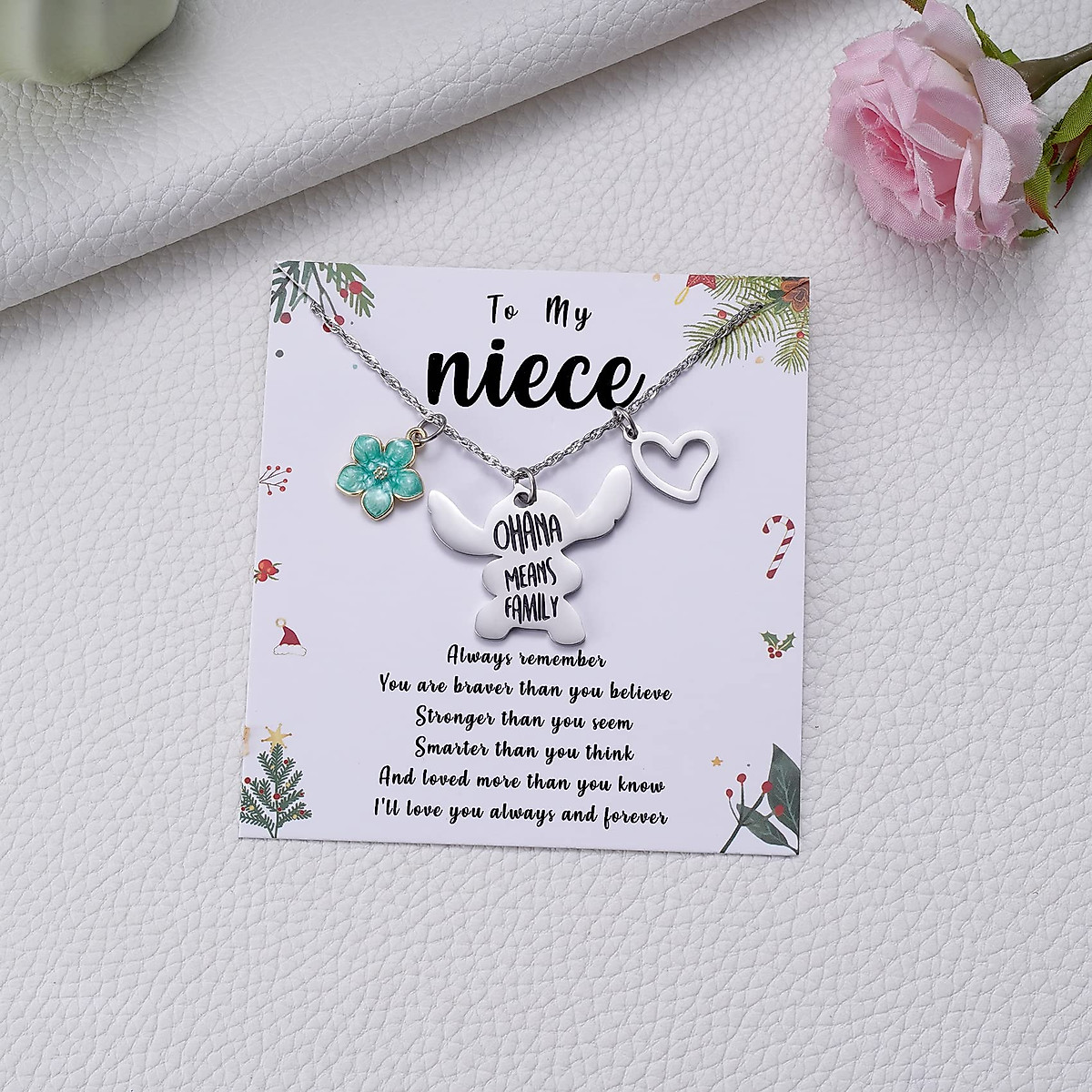 MIXJOY Stitch Gifts To My Niece Ohana Means Family Necklace&Message Card for Little Young Niece, Stitch Lover Birthday Graduation Gifts for Teen, Niece Gifts from Aunt Uncle, Stainless Steel