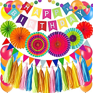 ZERODECO Birthday Party Decoration, Multi-Colored Happy Birthday Banner with Paper Fans Garland String Triangle Bunting Flag Tissue Tassel and Balloon for Bday Party Supplies Anniversary Decoration