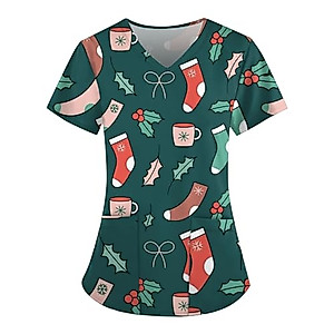 Christmas Women's Nurse Uniforms Short Sleeve Mock Wrap Scrubs Care V-Neck Shirt with Pockets Workwear Long Sleeve Scrub Top(1-Dark Green,3X-Large)