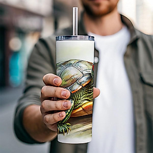 Red Eared Slider Turtle Watercolor Skinny Tumbler 20oz with Straw Insulated Water Bottle Gift