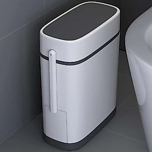 KLGO 14 Liter Slim Plastic Trash Can with Lid,3.7 Gallon Double Barrel Waste Basket,Rectangular Press Garbage Container Bin for Bathroom,Bedroom,Kitchen and Office,White