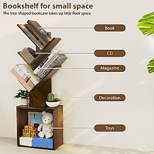 Ochine Tree Bookshelf, 5 Tier Small Bookcase with Large Drawer, Tall Wood Narrow Bookshelves Organizer for CDs/Movies/Books, Floor Standing Book Shelf for Bedroom, Living Room, Home Office Christmas