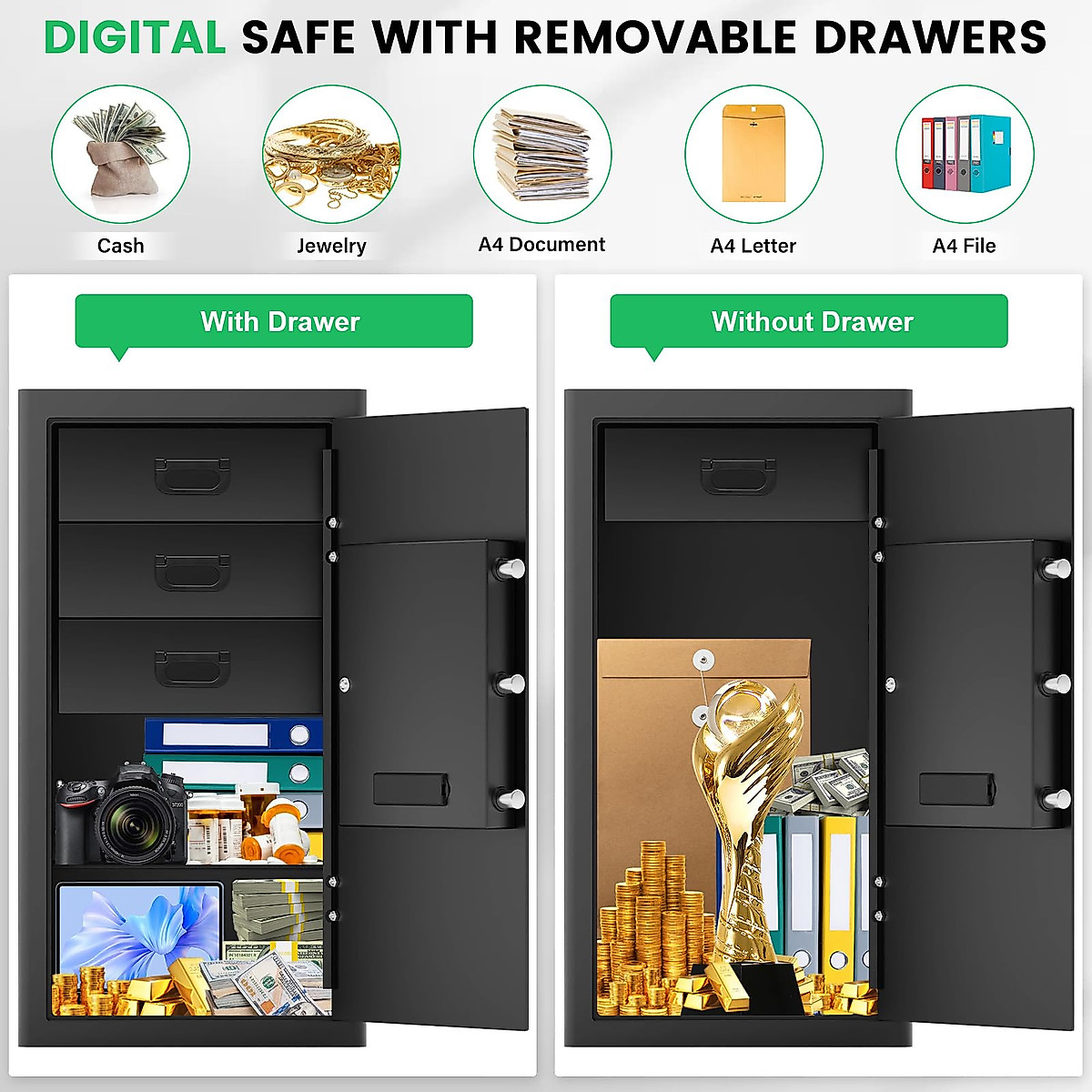 6.0 Cubic Large Home Safes Water and Fireproof, Anti-theft Document Safe Box with Removable Drawer & Shelf, Digital Fire Proof Safe for Home Money Jewelry Valuables