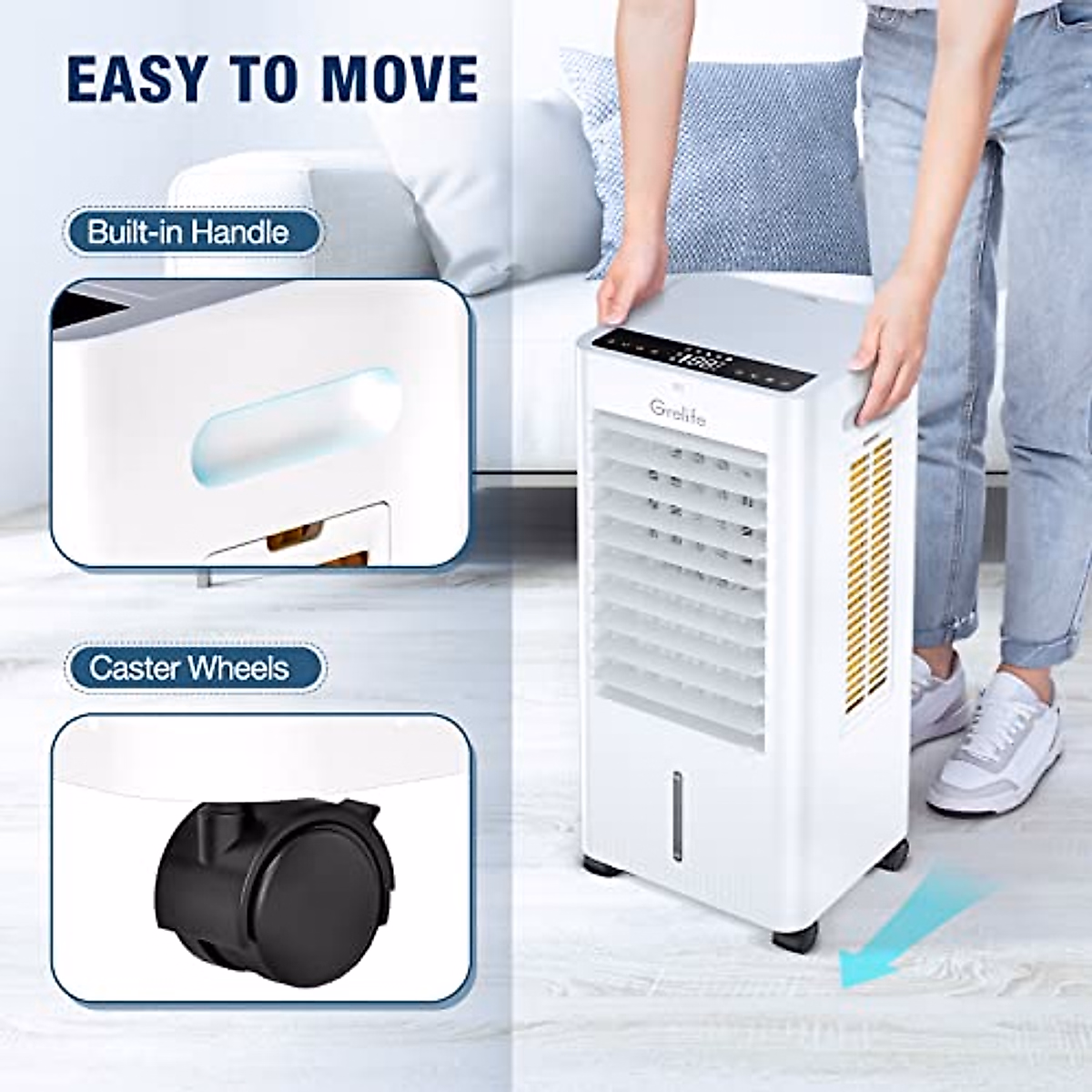 Grelife Portable Evaporative Air Cooler, 3-IN-1 Air Cooler with Fan & Humidifier, 1.58Gal Water Tank for Bedroom Room Office Garage