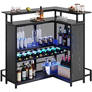 YITAHOME L Shaped Mini Home Bar Unit for Living Room with Music Sensing LED Light, Tall Bars Furniture Table with Wine Rack Alcohol Storage Glasses Hanger Footrest for Kitchen Pub, Black
