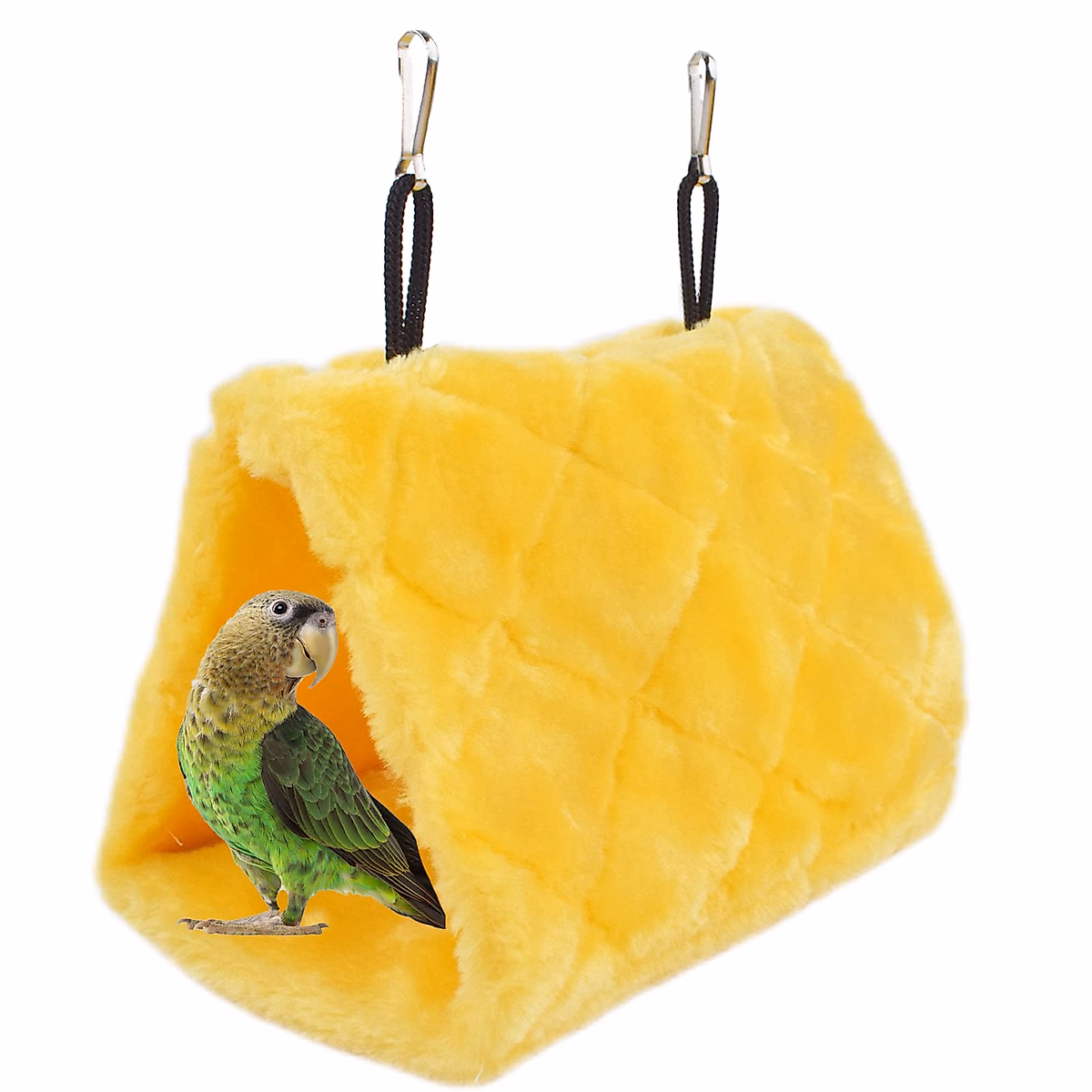 Cdycam Pet Bird Nest Hammock Hanging Cave Cage Plush Snuggle Happy Hut Tent Bed, Yellow (Medium (9"x 5.31"x 6.3"))
