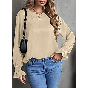 Dokotoo Womens Fashion Casual Tops Fall Outfits for Women 2024 Long Sleeve Shirts for Women Crewneck Solid Color Elegant Cute Chiffon Blouses Clothes Khaki Small