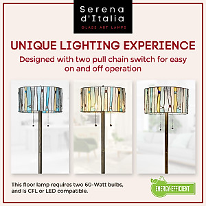 Serena D'italia Tiffany Style Lamps, Blue Contemporary Floor Lamp, Mosaic Stained Glass Lamp and Bronze Finish Base, Double Pull Chain (Blue, White, Yellow)