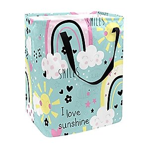 Cute Rainbow Clouds Sun Print Collapsible Laundry Hamper, 60L Waterproof Laundry Baskets Washing Bin Clothes Toys Storage for Dorm Bathroom Bedroom