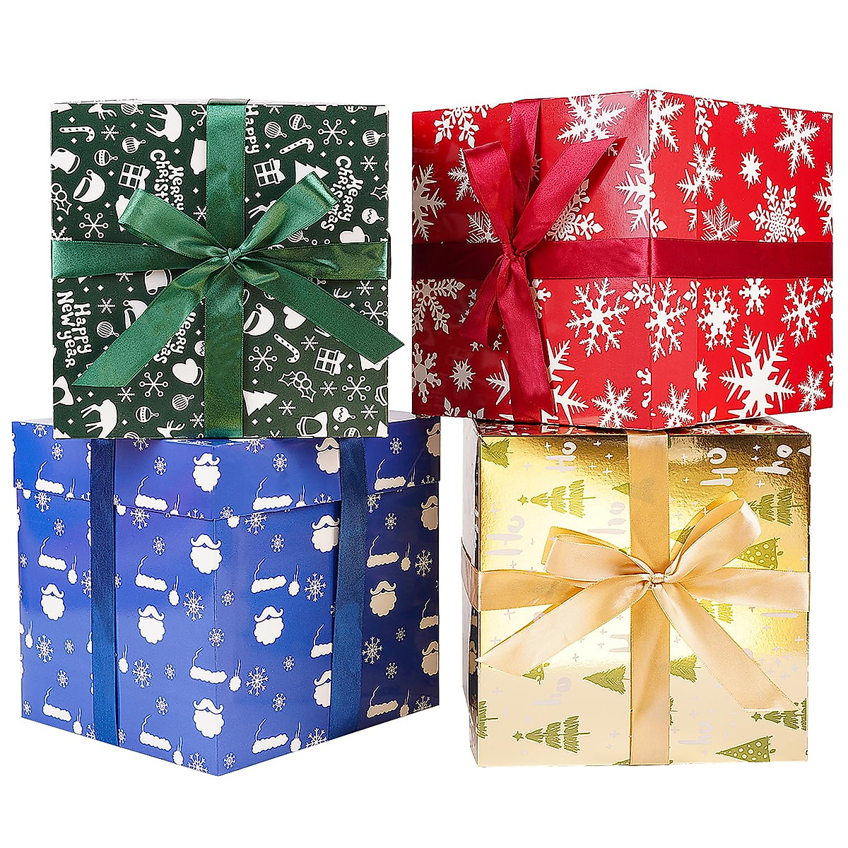 JWSCYSY Assorted Designs Christmas Gift Boxes with Lids, Tissue Papers and Ribbons, Medium Square Gift Boxes - 4 Pcs (8.7 Inch), Gift Wrapping Christmas Holiday New Year Presents Party Favor Boxes.