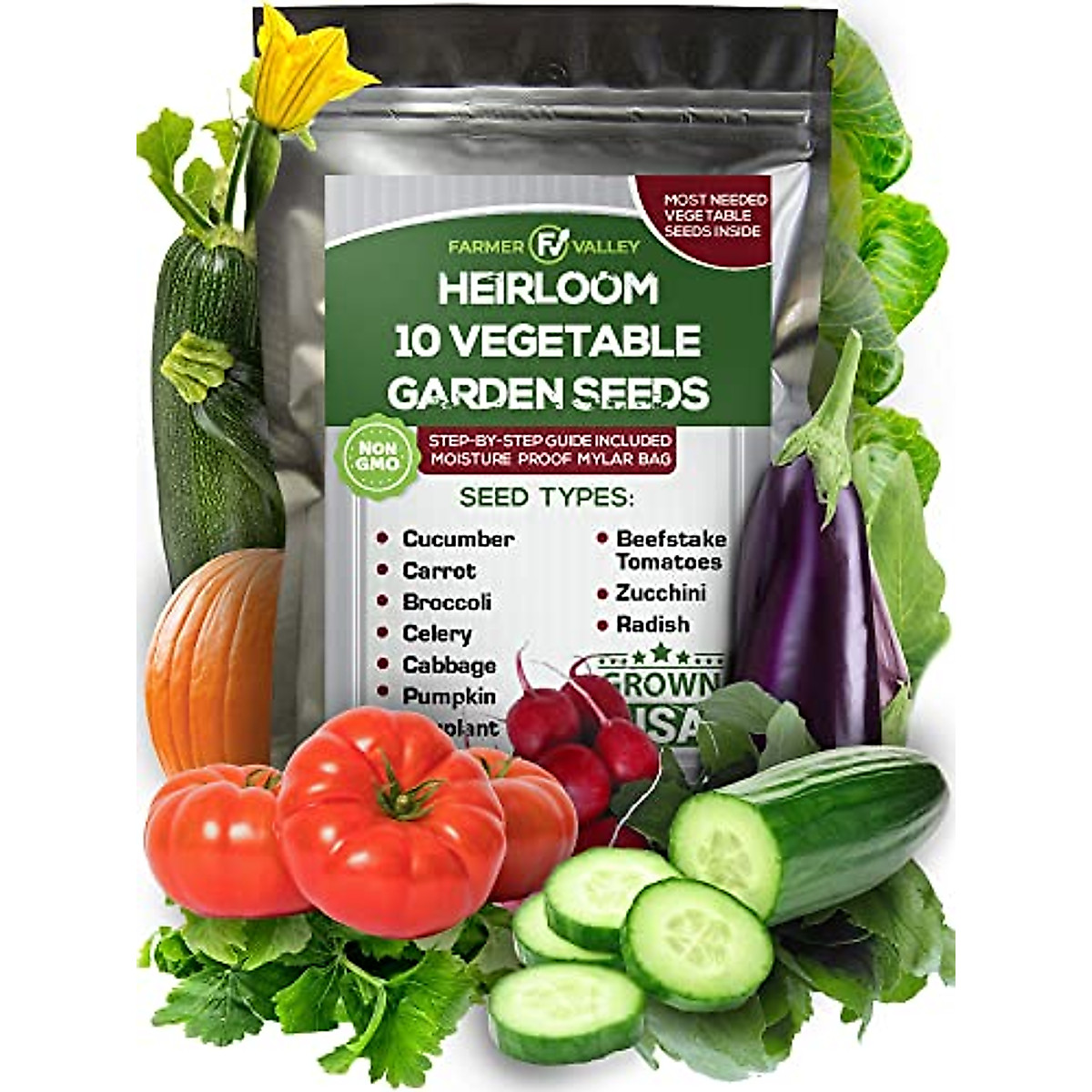 10 Assorted Vegetable Seeds - 100% Non GMO Variety Pack - 840+ Heirloom Garden Seeds for Planting Vegetables - Cucumber, Carrot, Tomatoes, Broccoli, Cabbage, Radish Seeds and More