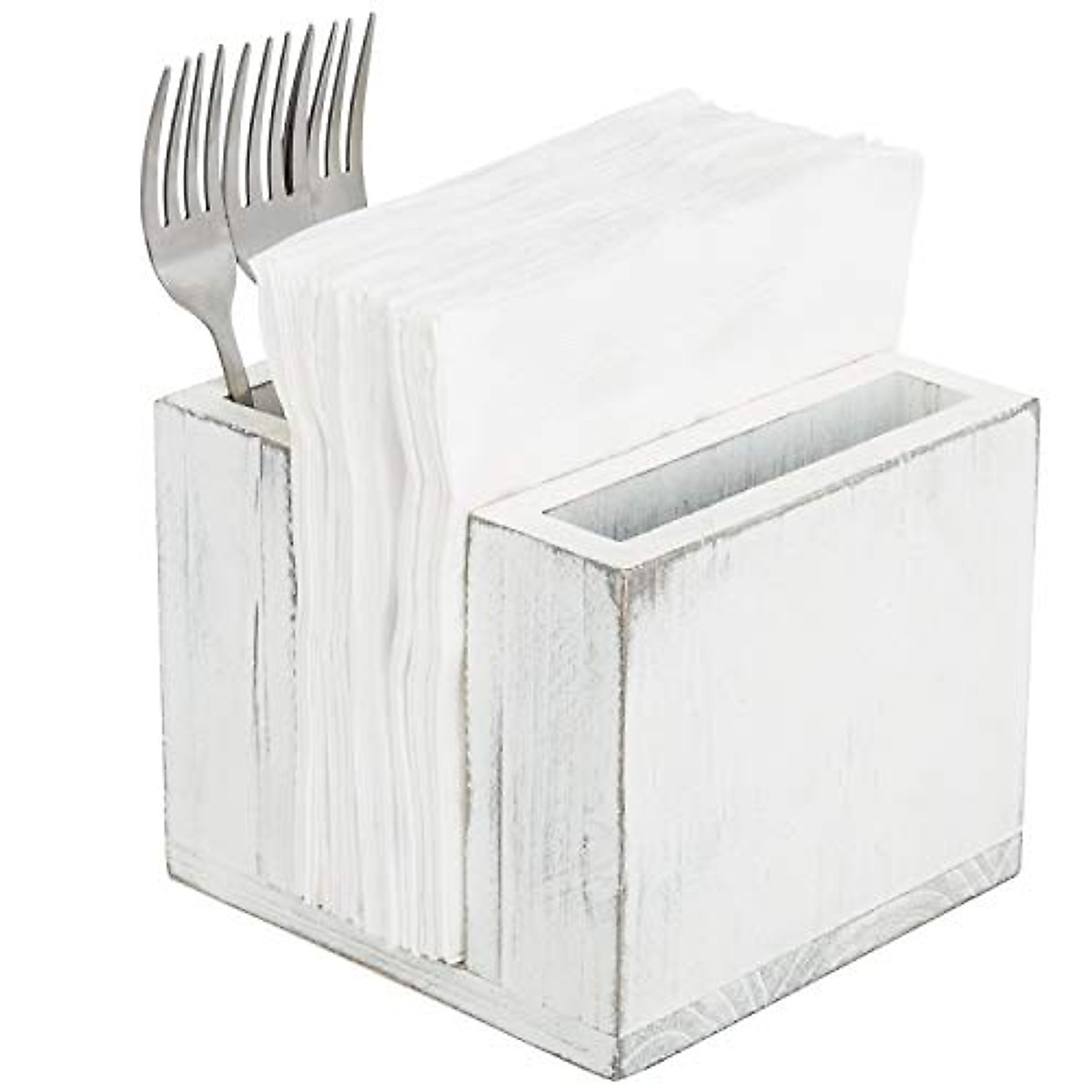 MyGift Vintage White Solid Wood Napkin Holder and Utensil Holder with 3 Compartments, Buffet Napkin and Flatware Holder Caddy